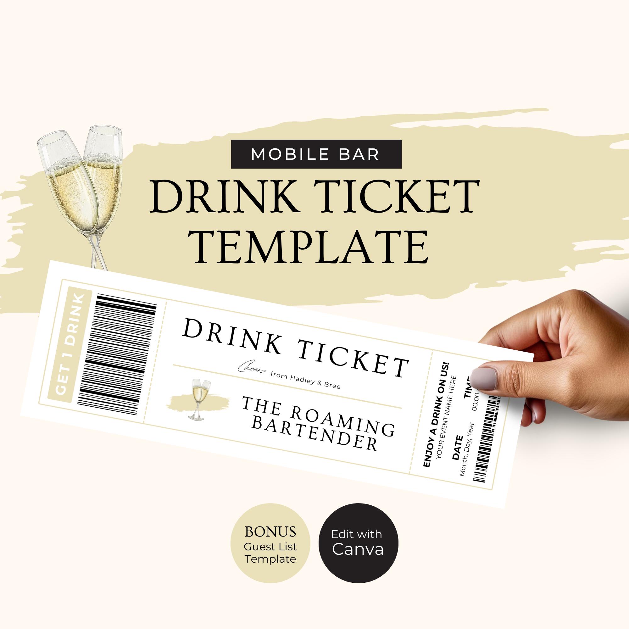 Mobile Bar Drink Ticket Canva Template, Wedding Drinks Token Voucher ...