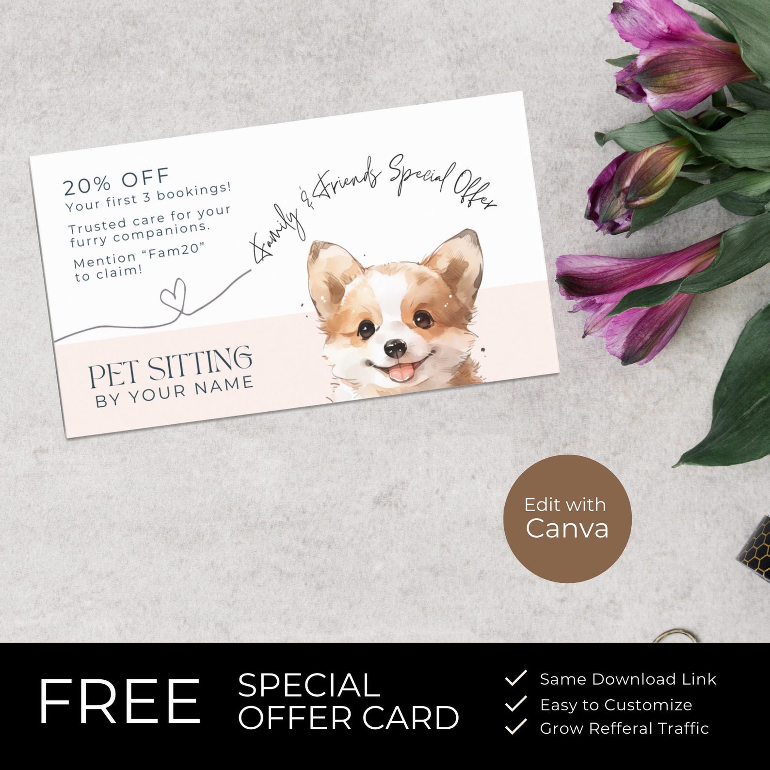 Pet Sitting Business Cards With Heart, Canva Template for Dog Sitter ...