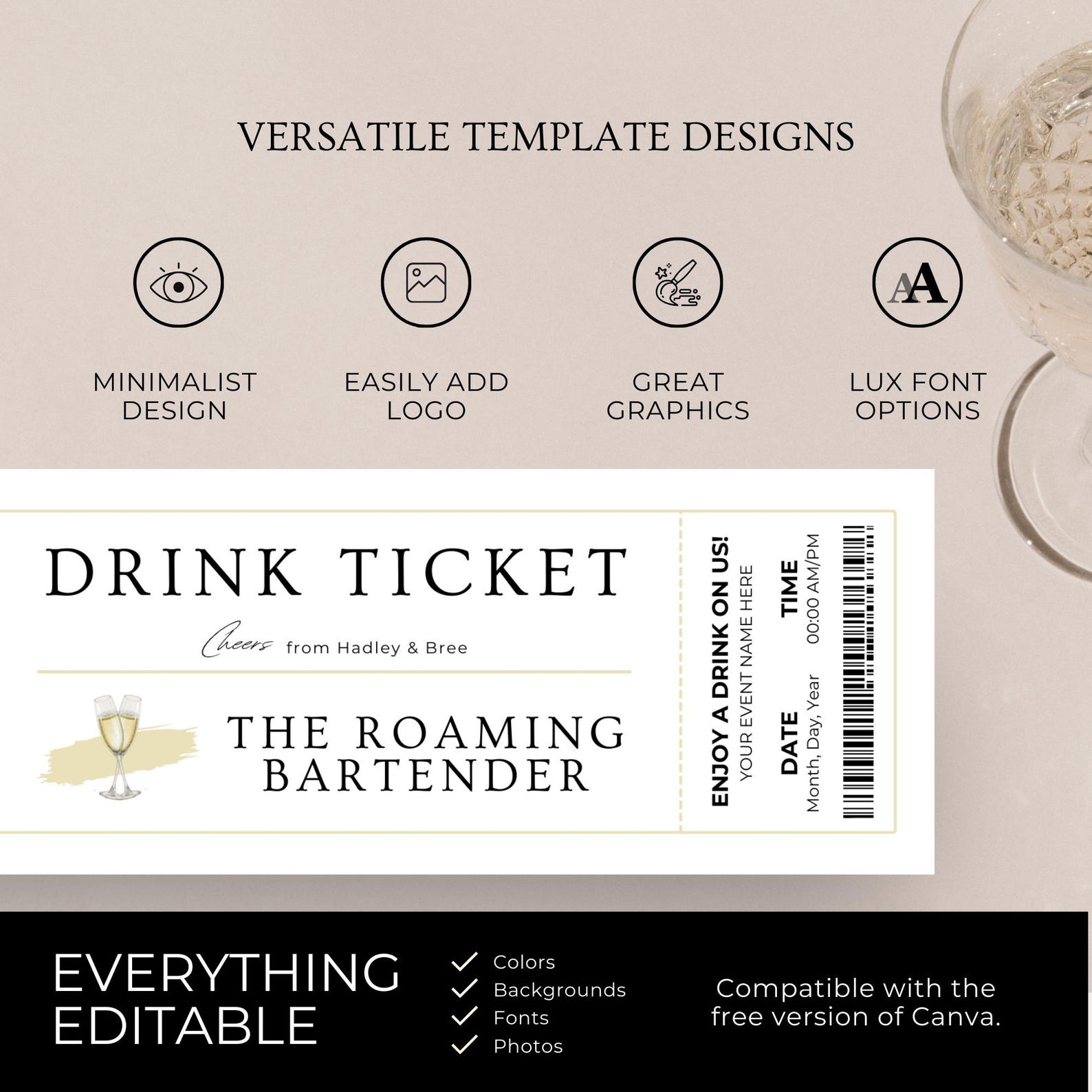 Mobile Bar Drink Ticket Canva Template, Wedding Drinks Token Voucher ...