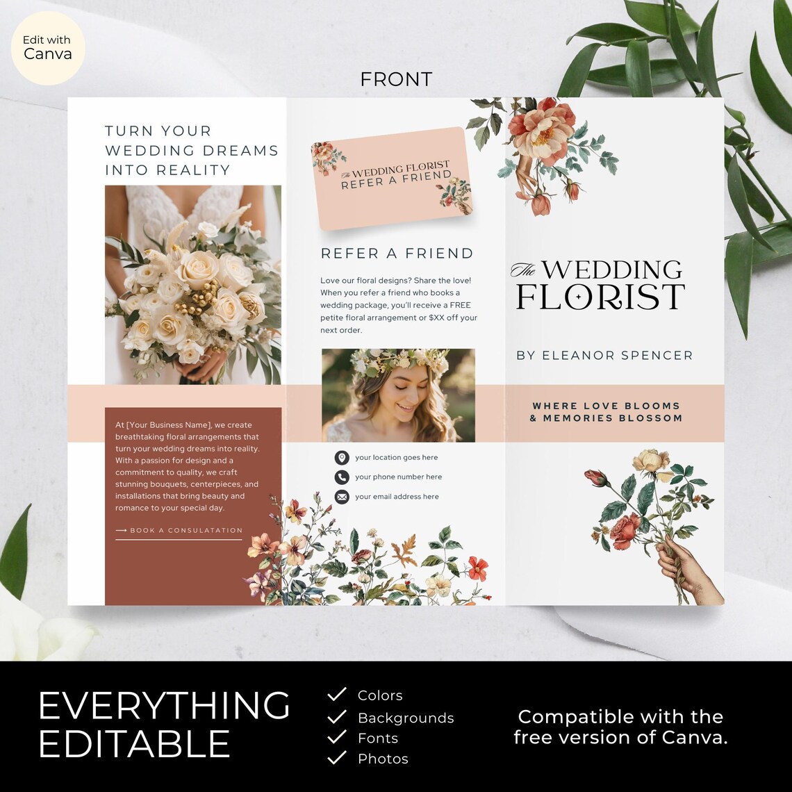 Wedding Florist Leaflet Canva Template, Boutique Flower Shop Trifold ...