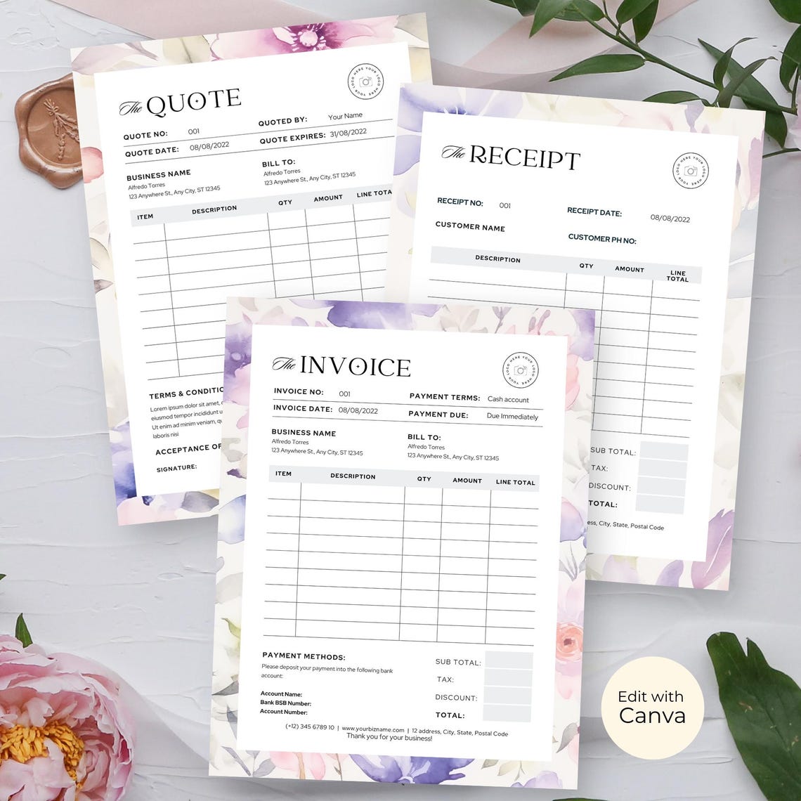 Wedding Florist Invoice Canva Template, Boutique Flower Shop Quotation ...