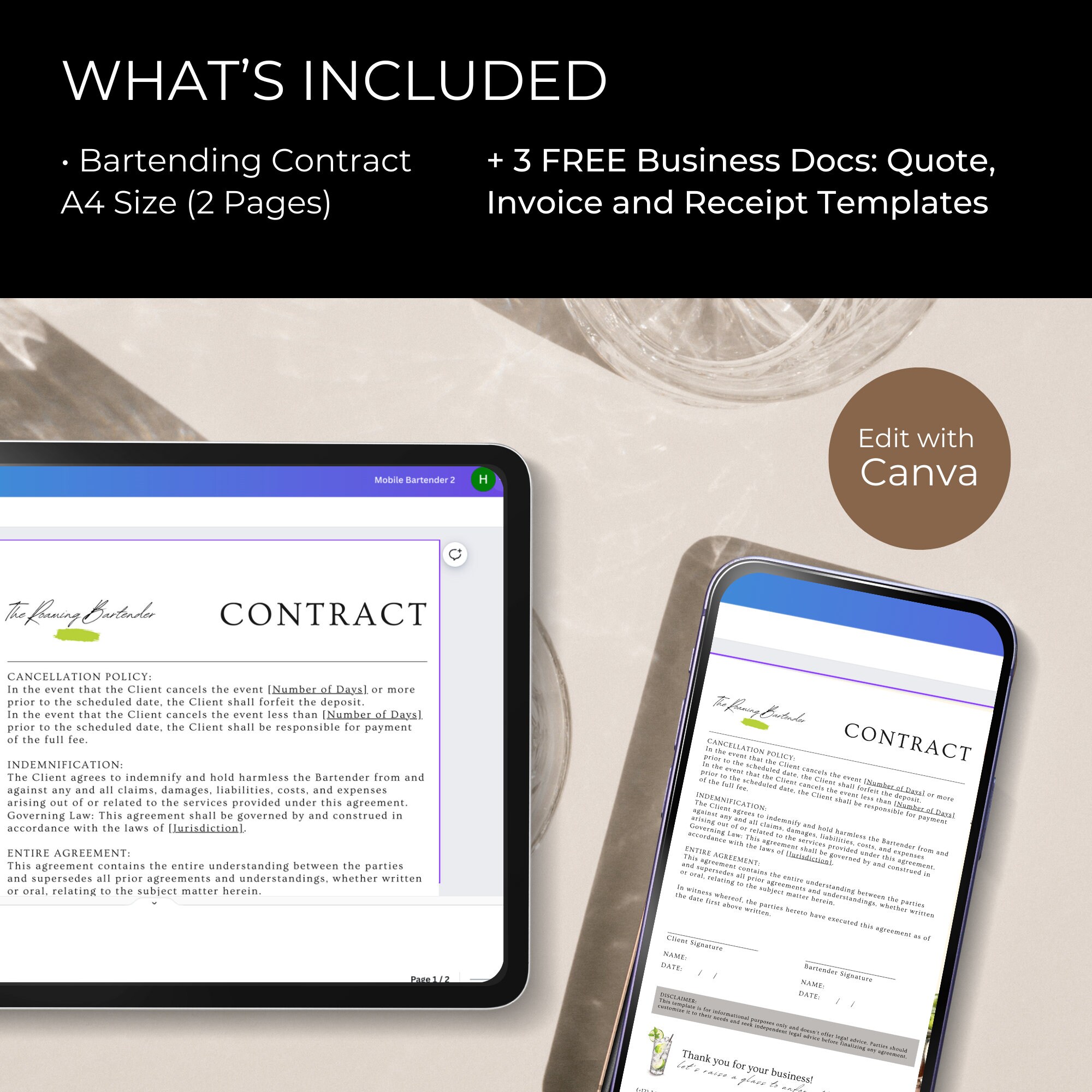 Bartending Contract, Editable in Canva, Mobile Bar Business Agreement ...