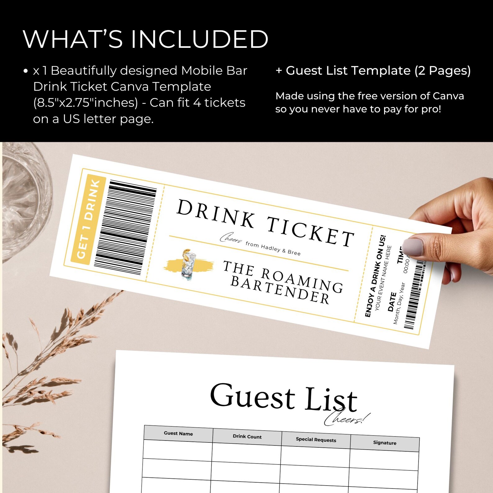 Mobile Bar Drink Ticket Canva Template, Wedding Drinks Token Voucher ...