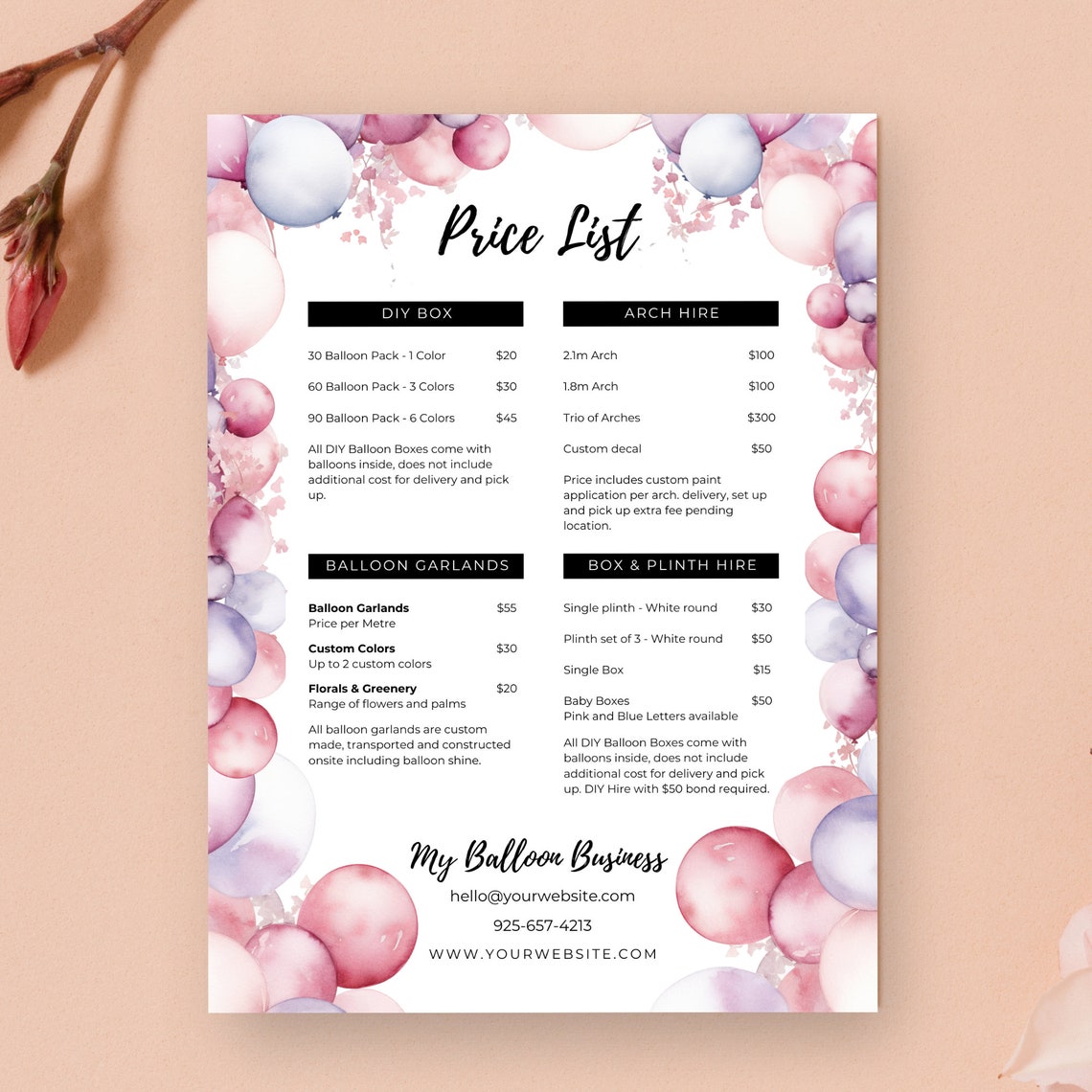Balloon Business Pricing List A4, Balloon Menu, Balloon Garland Price ...