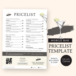 Mobile Bar Price List Template, Customizable Bar Menu, Cocktail Bar ...