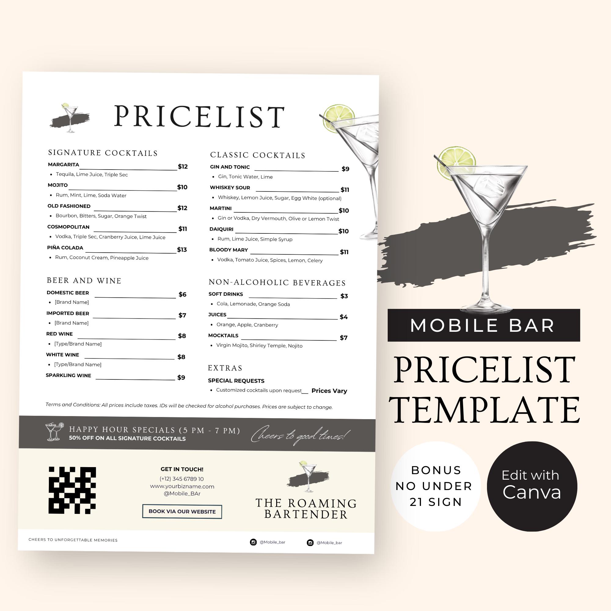 Mobile Bar Price List Template, Customizable Bar Menu, Cocktail Bar ...