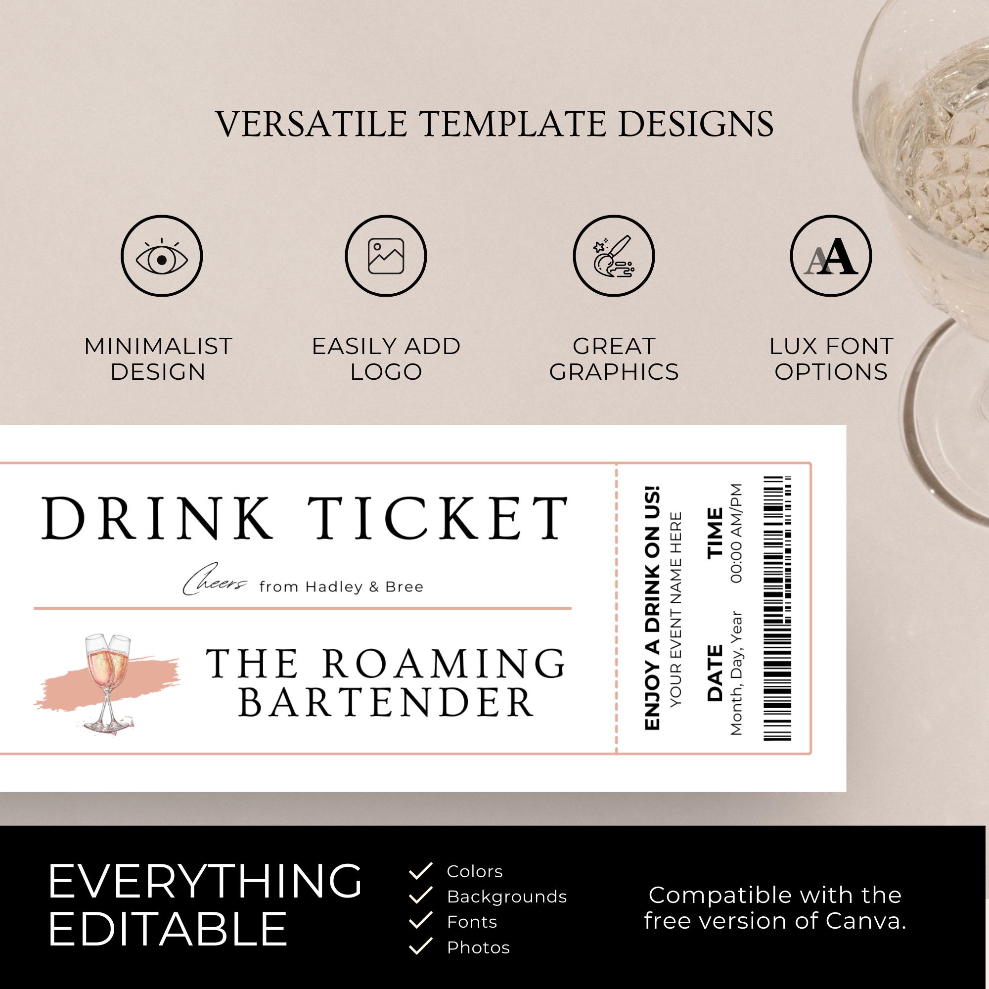 Mobile Bar Drink Ticket Canva Template, Wedding Drinks Token Voucher ...