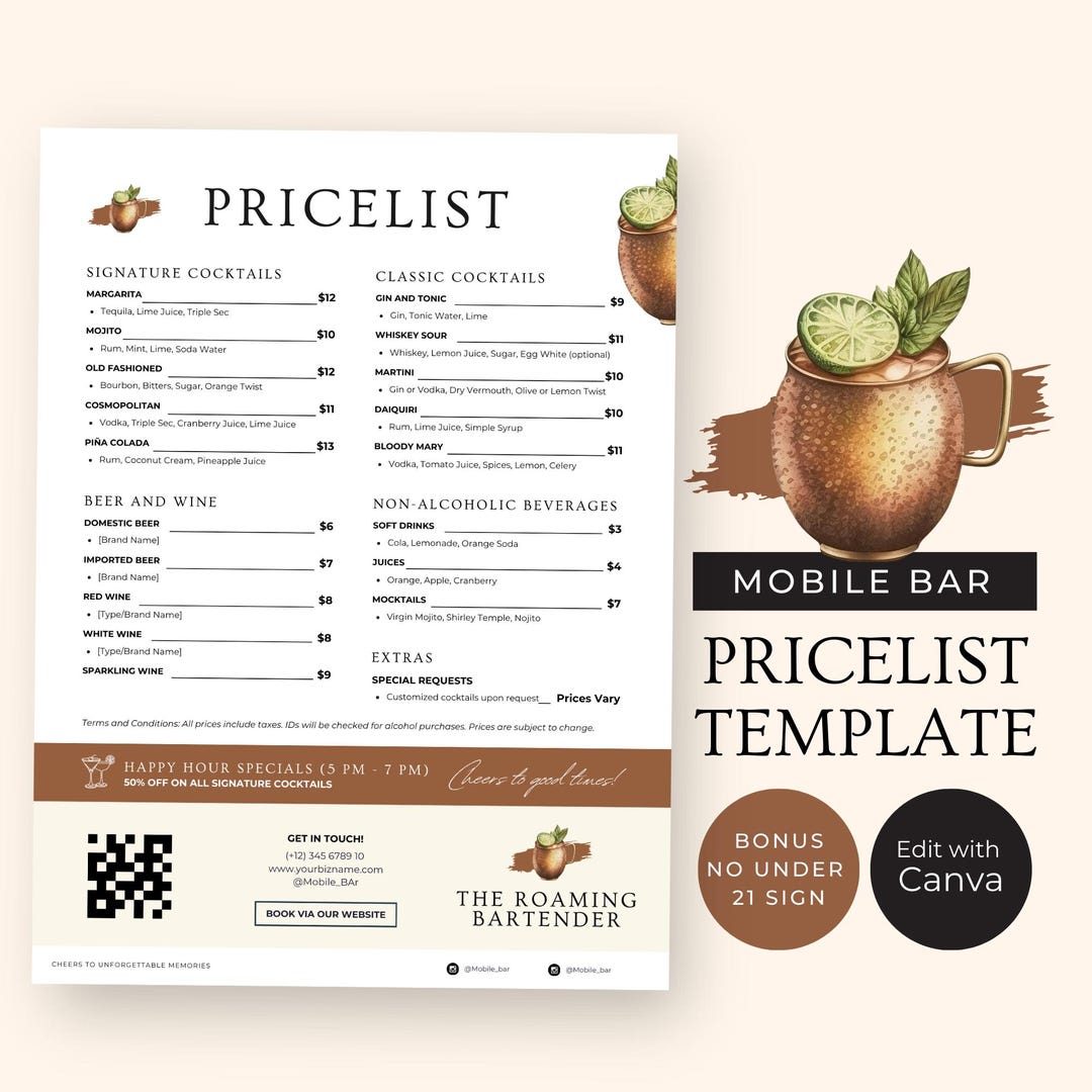 Mobile Bar Price List Template, Customizable Bar Menu, Cocktail Bar ...