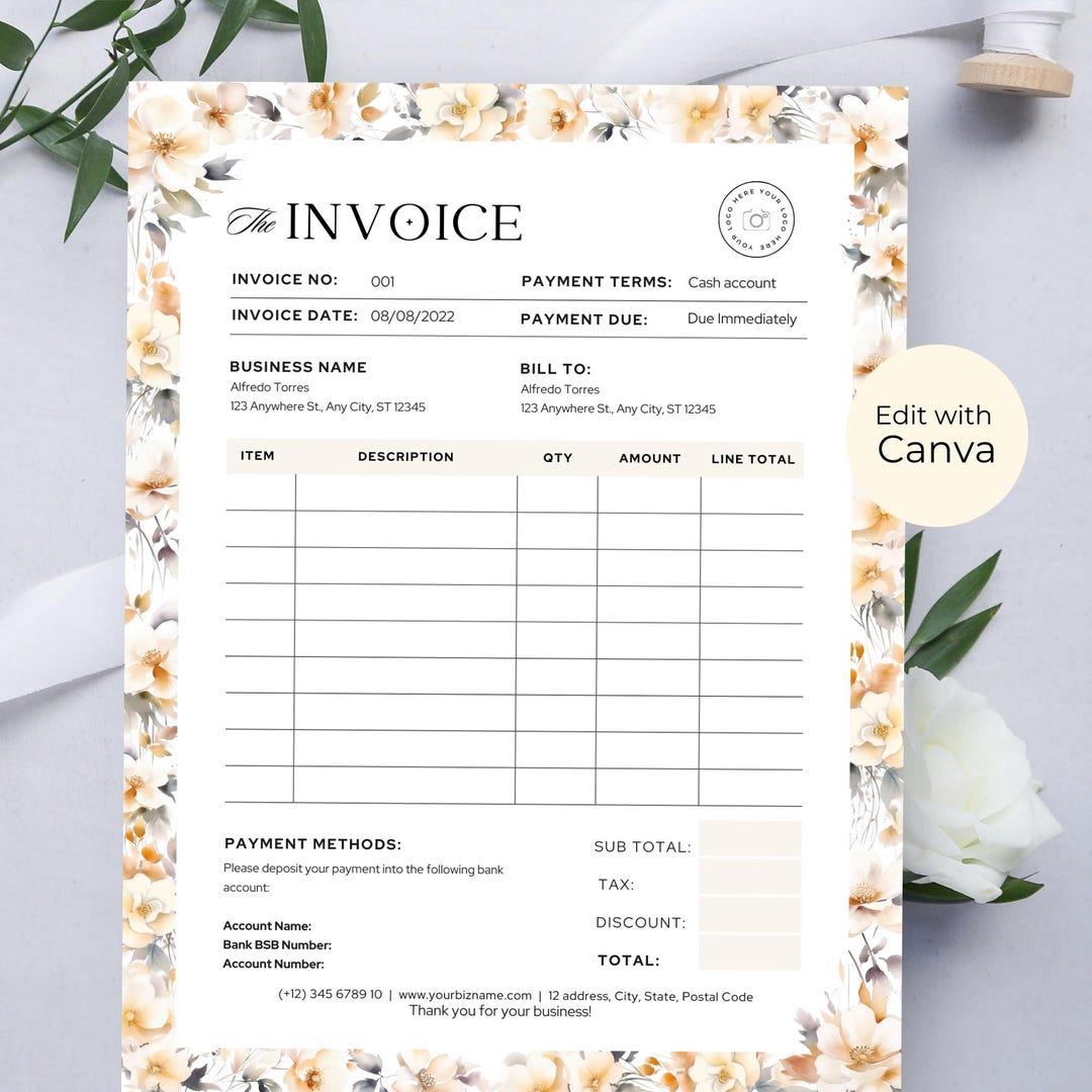 Wedding Florist Invoice Canva Template, Boutique Flower Shop Quotation ...