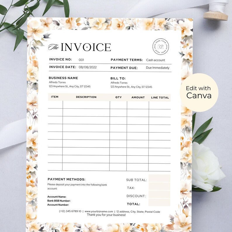 Wedding Florist Invoice Canva Template, Boutique Flower Shop Quotation ...