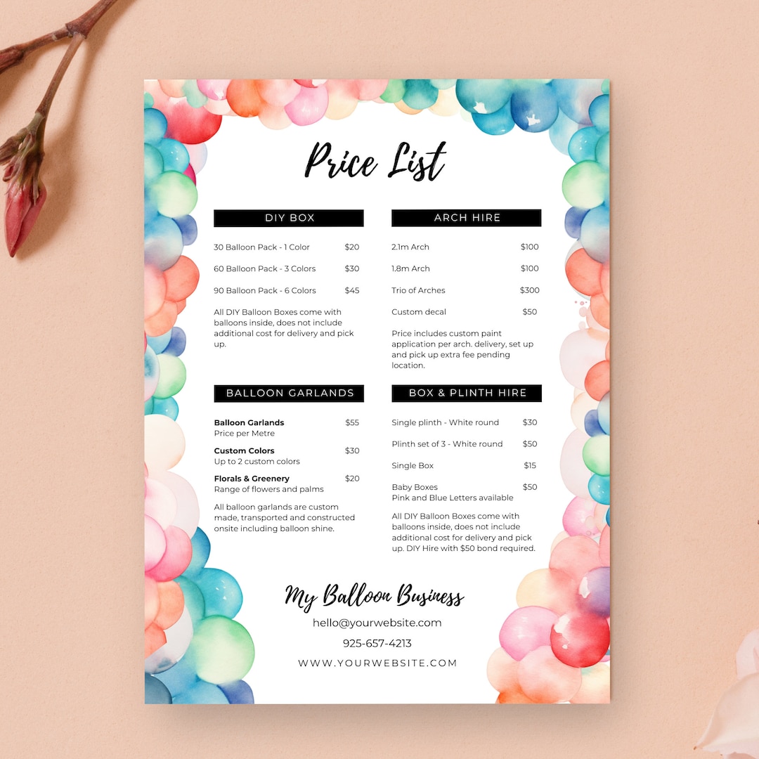 Balloon Business Price List Canva Template, Balloon Services Rainbow ...