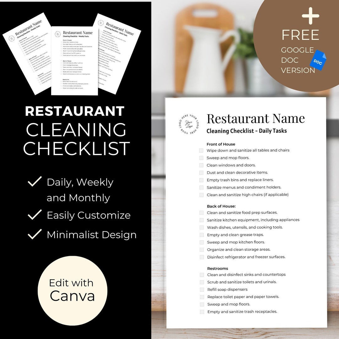 Restaurant Cleaning Checklist A4, Daily Tasks, Canva Template, Kitchen ...