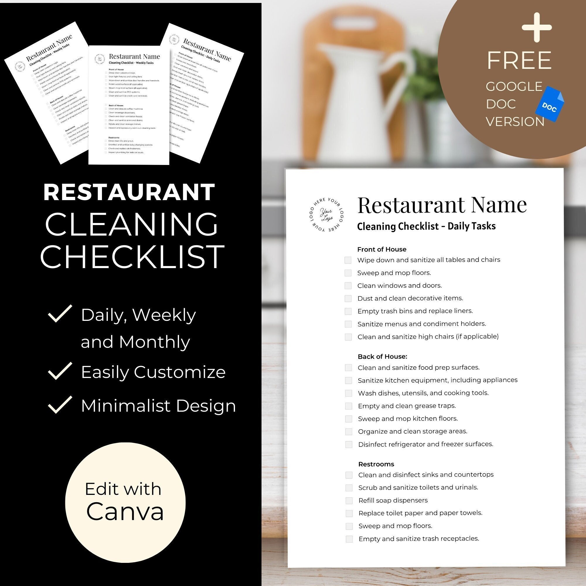 Restaurant Cleaning Checklist A4, Daily Tasks, Canva Template, Kitchen ...