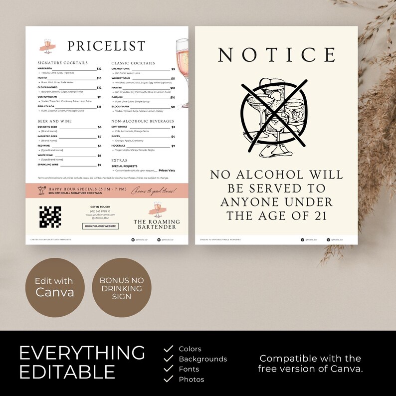 Mobile Bar Price List Template, Customizable Bar Menu, Cocktail Bar ...
