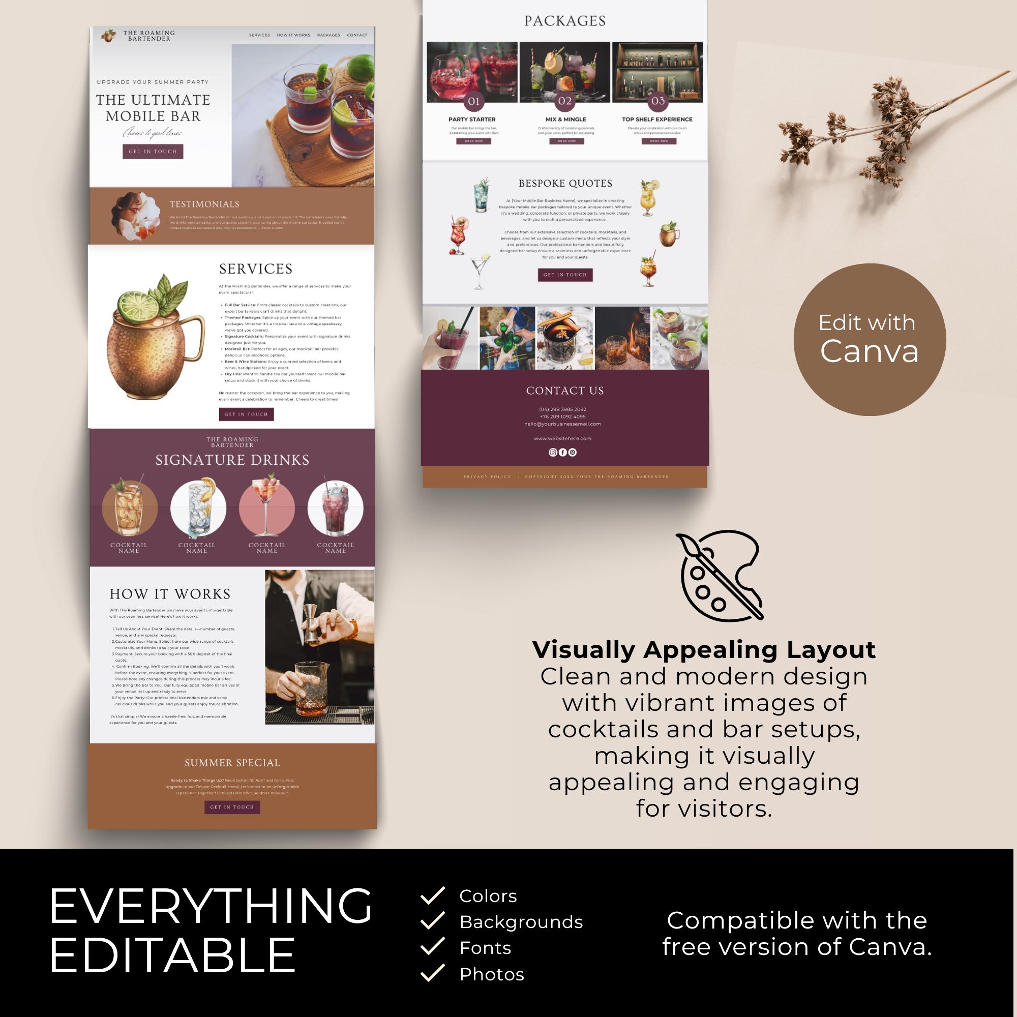Mobile Bar Canva Website, Mobile Bartending Landing Page, DIY Sales ...