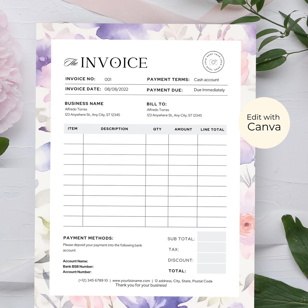 Wedding Florist Invoice Canva Template, Boutique Flower Shop Quotation ...