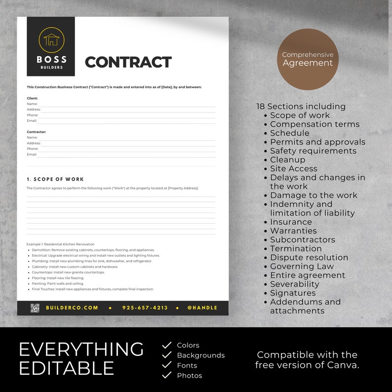 Construction Contract Canva Template, Small Business Contract Google ...
