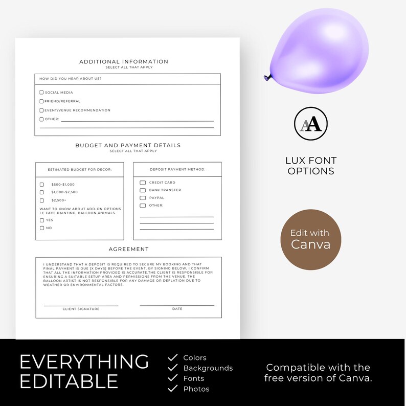 Balloon Business Client Intake Form, Event Information Canva Template ...