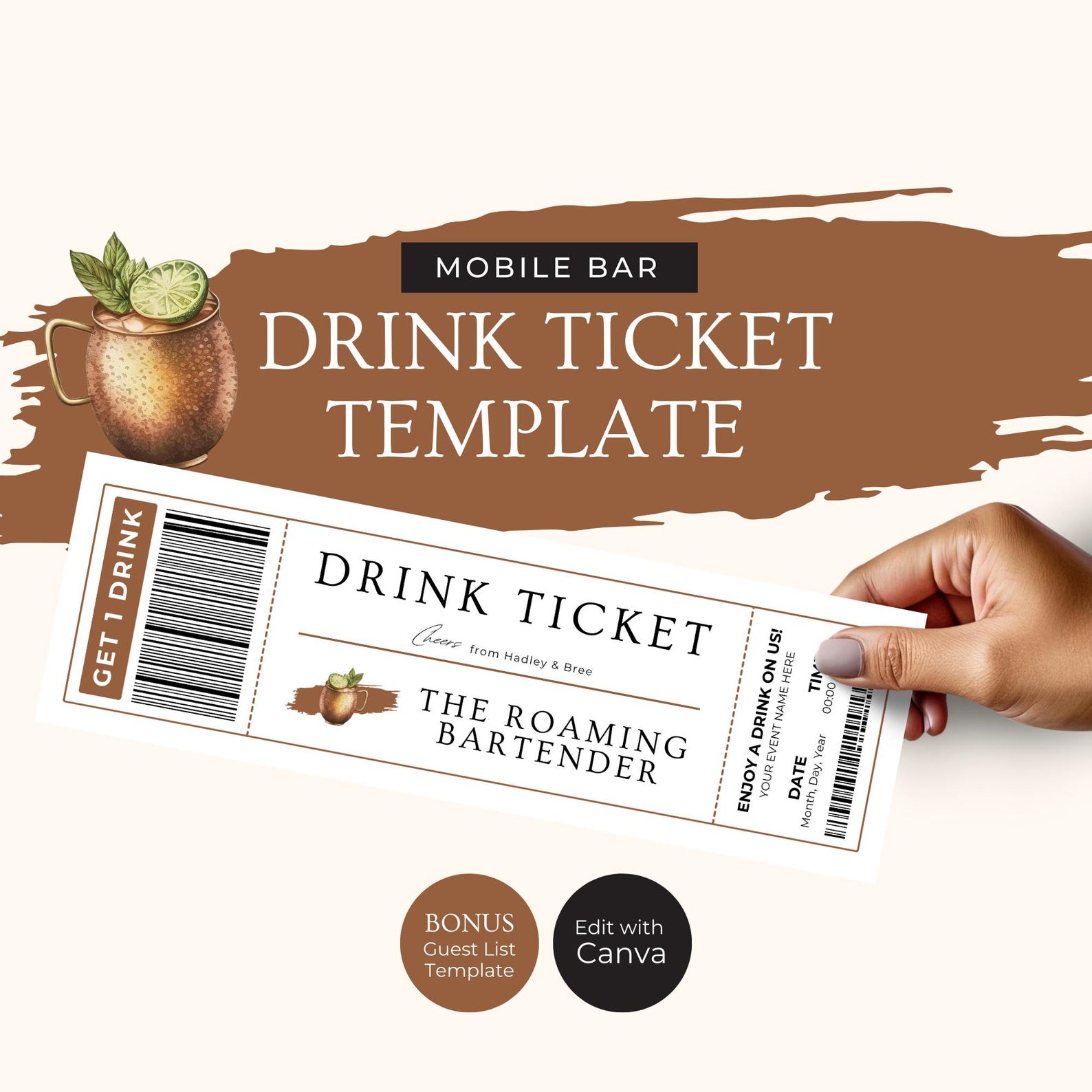 Mobile Bar Drink Ticket Canva Template, Wedding Drinks Token Voucher ...