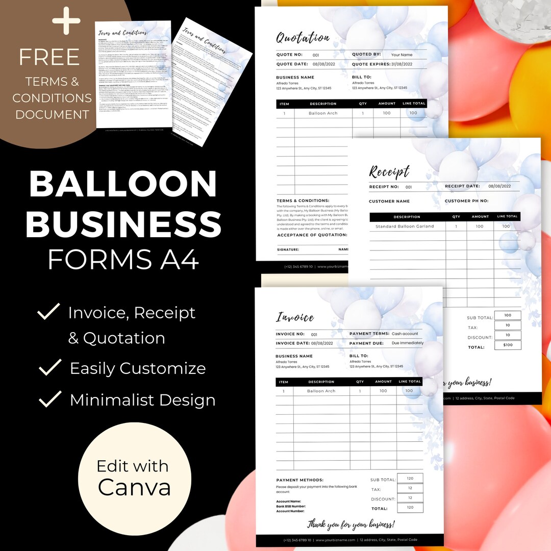 Balloon Artist Forms A4, Event Receipt, Terms and Conditions Doc, Canva ...
