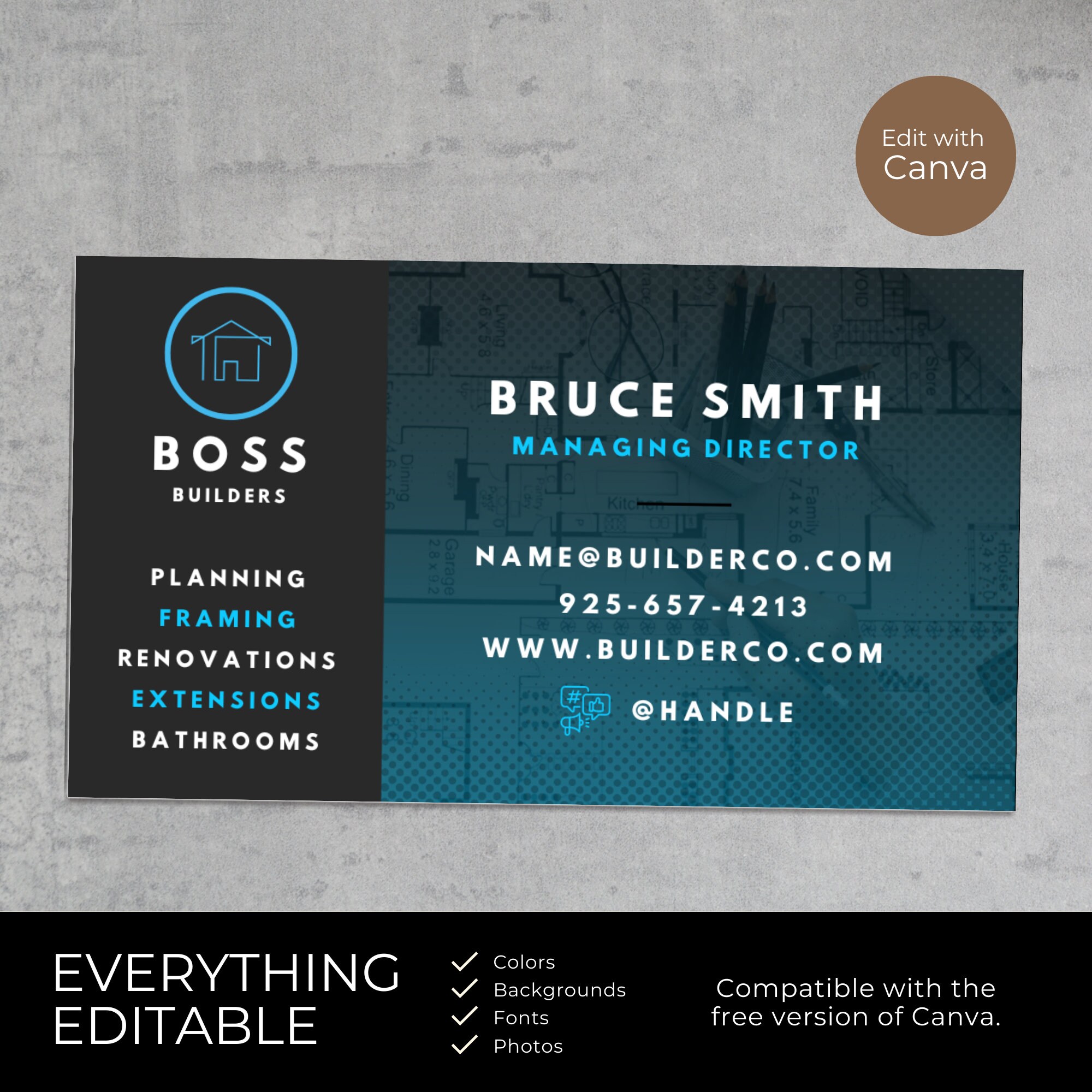 Construction Business Card Canva Template, 8.5x5cm, Small Business ...