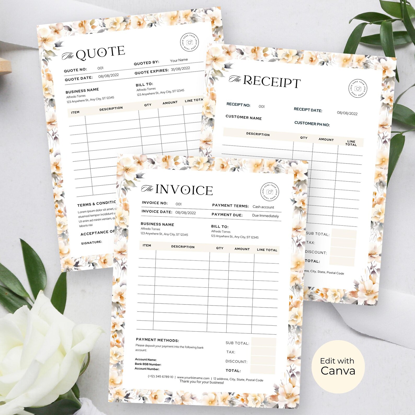 Wedding Florist Invoice Canva Template, Boutique Flower Shop Quotation ...