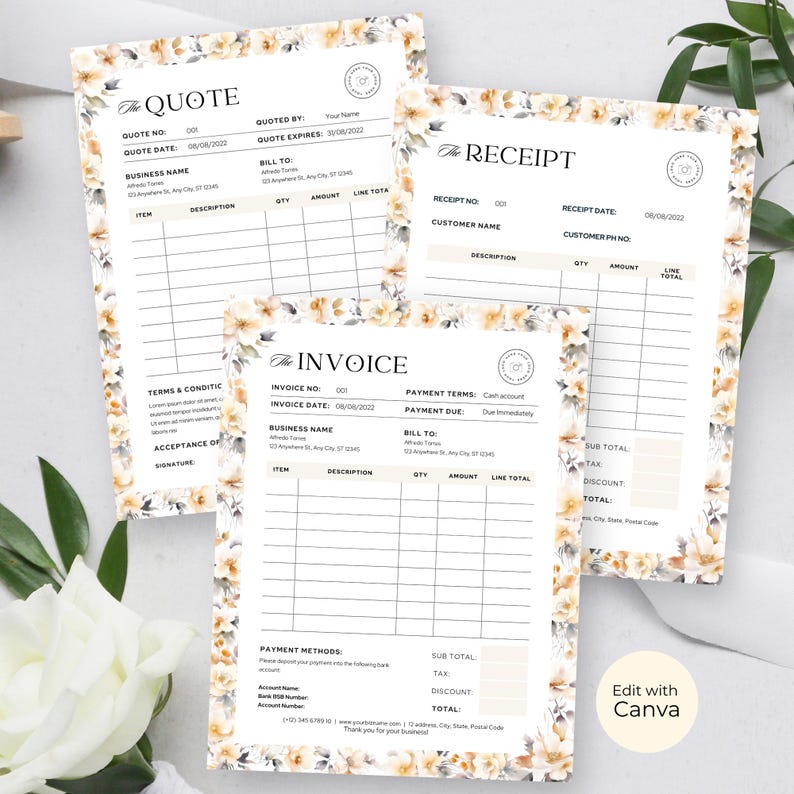 Wedding Florist Invoice Canva Template, Boutique Flower Shop Quotation ...