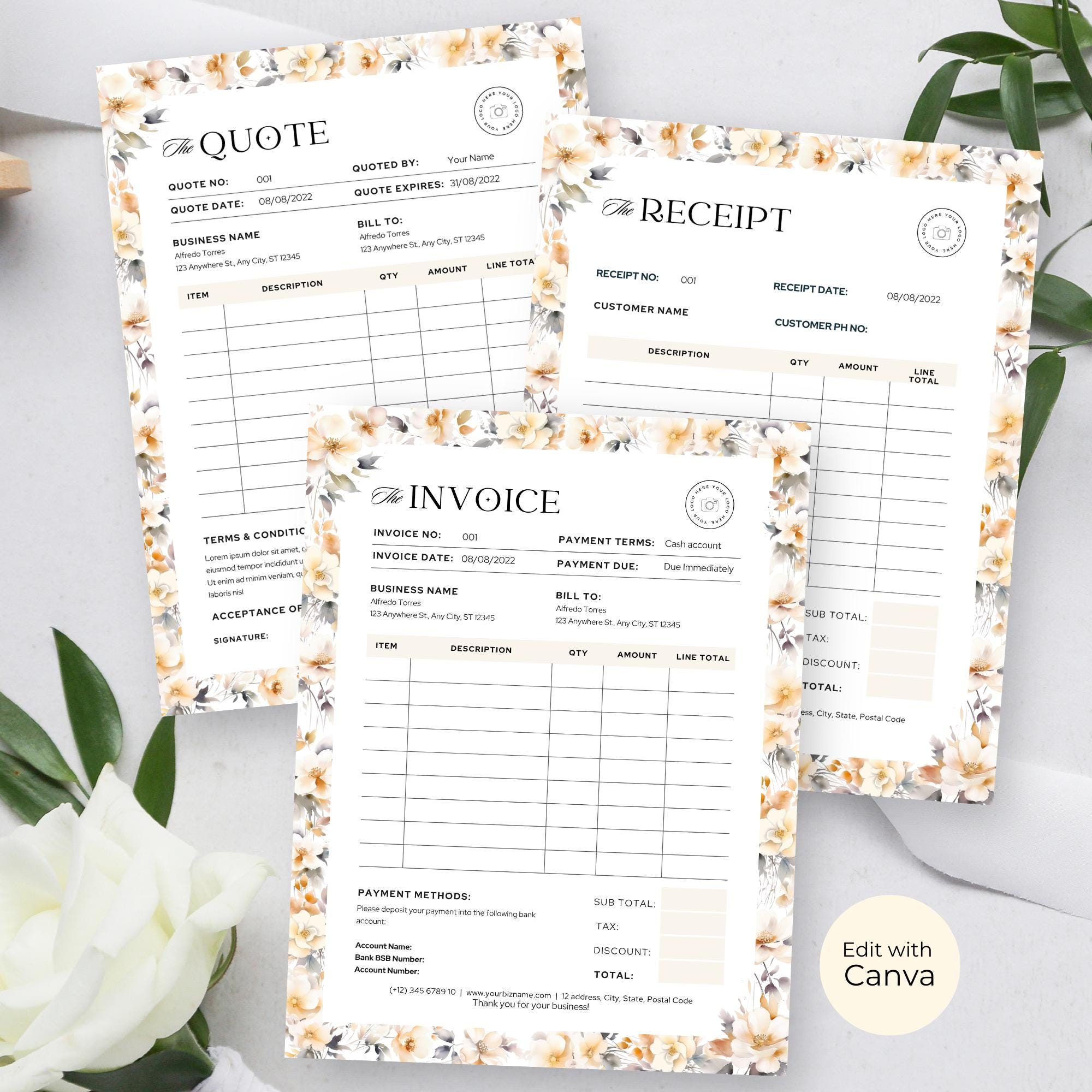 Wedding Florist Invoice Canva Template, Boutique Flower Shop Quotation ...