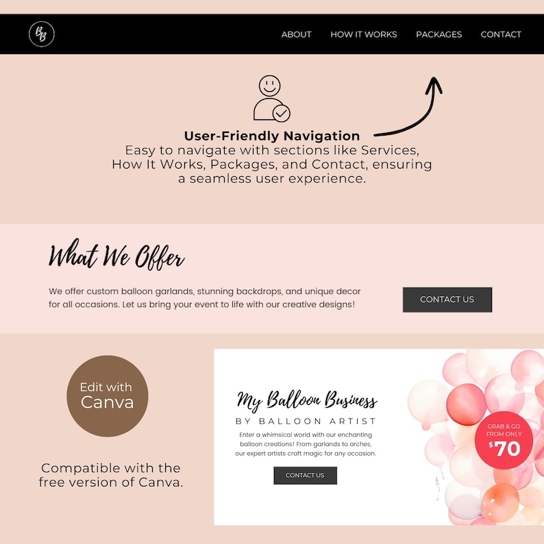 Balloon Artist Canva Website, Balloon Business Landing Page, DIY Sales ...