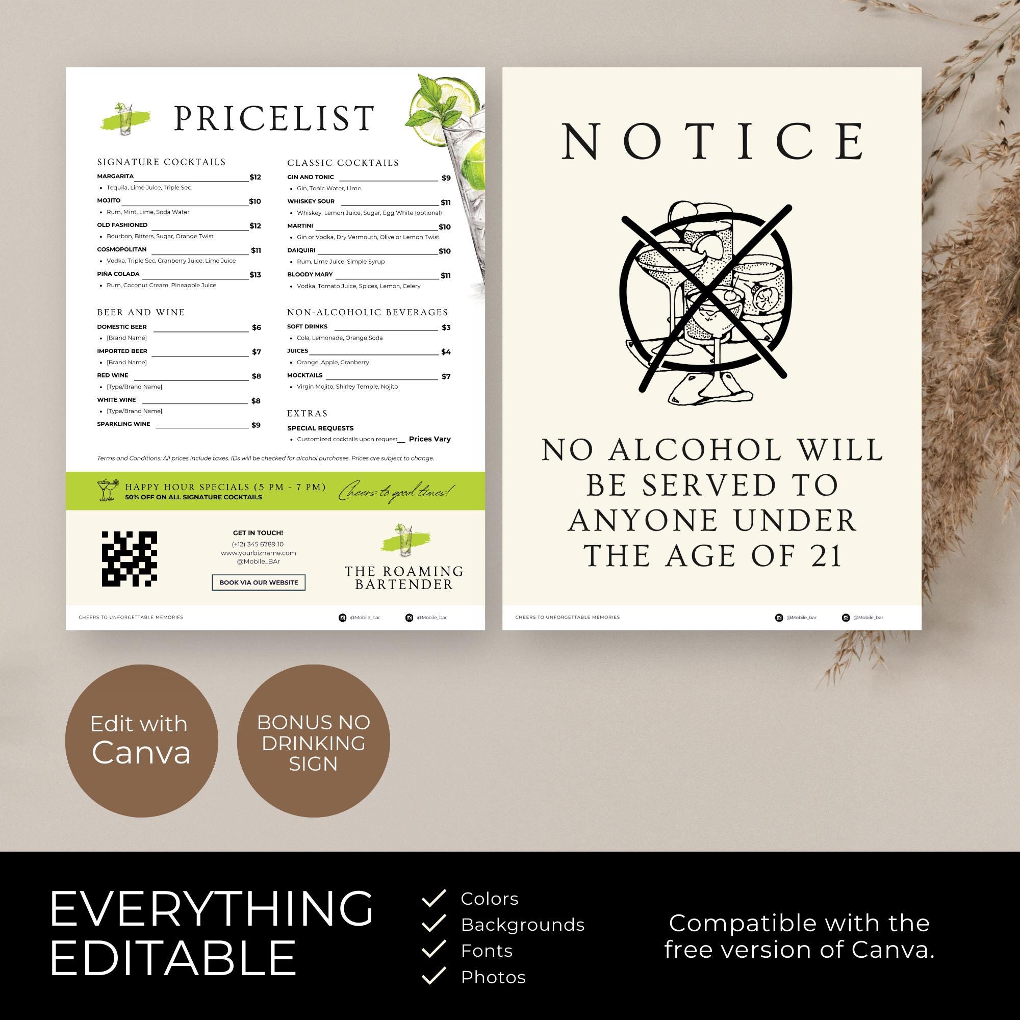 Mobile Bar Price List Template, Customizable Bar Menu, Cocktail Bar ...