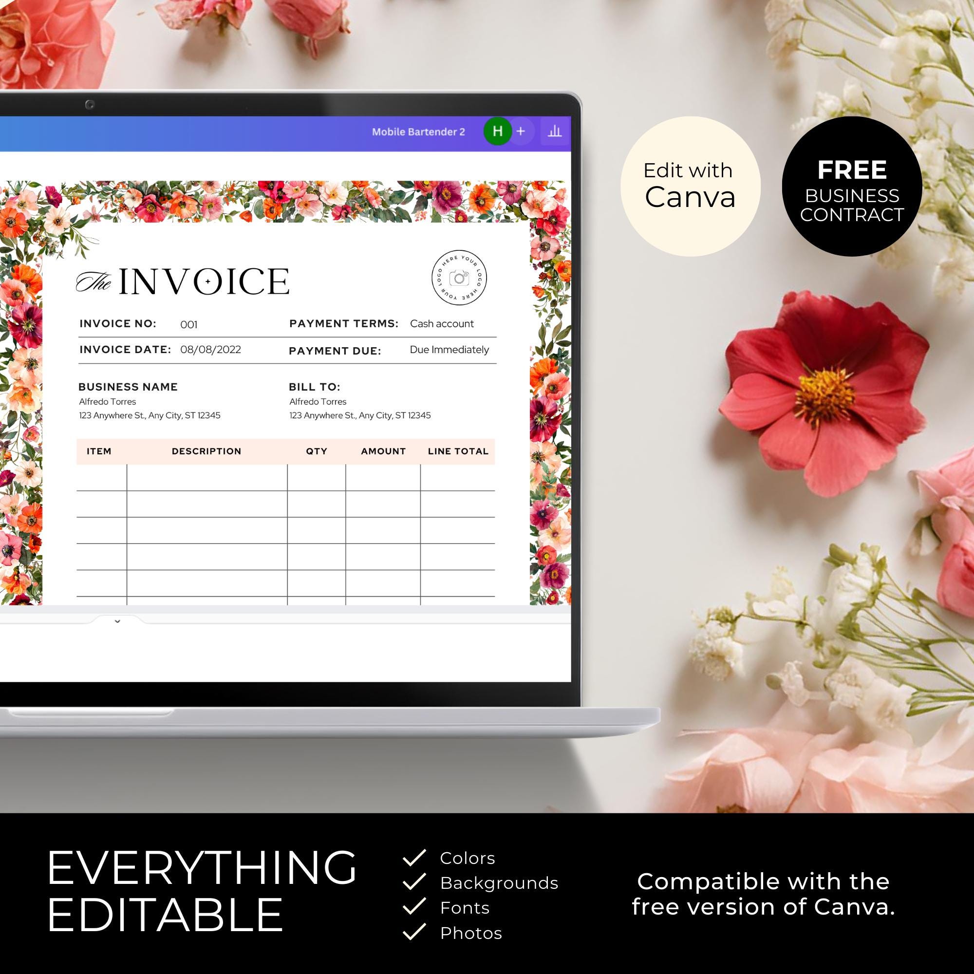 Wedding Florist Invoice Canva Template, Boutique Flower Shop Quotation ...