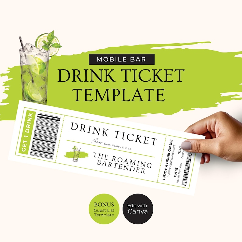 Mobile Bar Drink Ticket Canva Template, Wedding Drinks Token Voucher ...