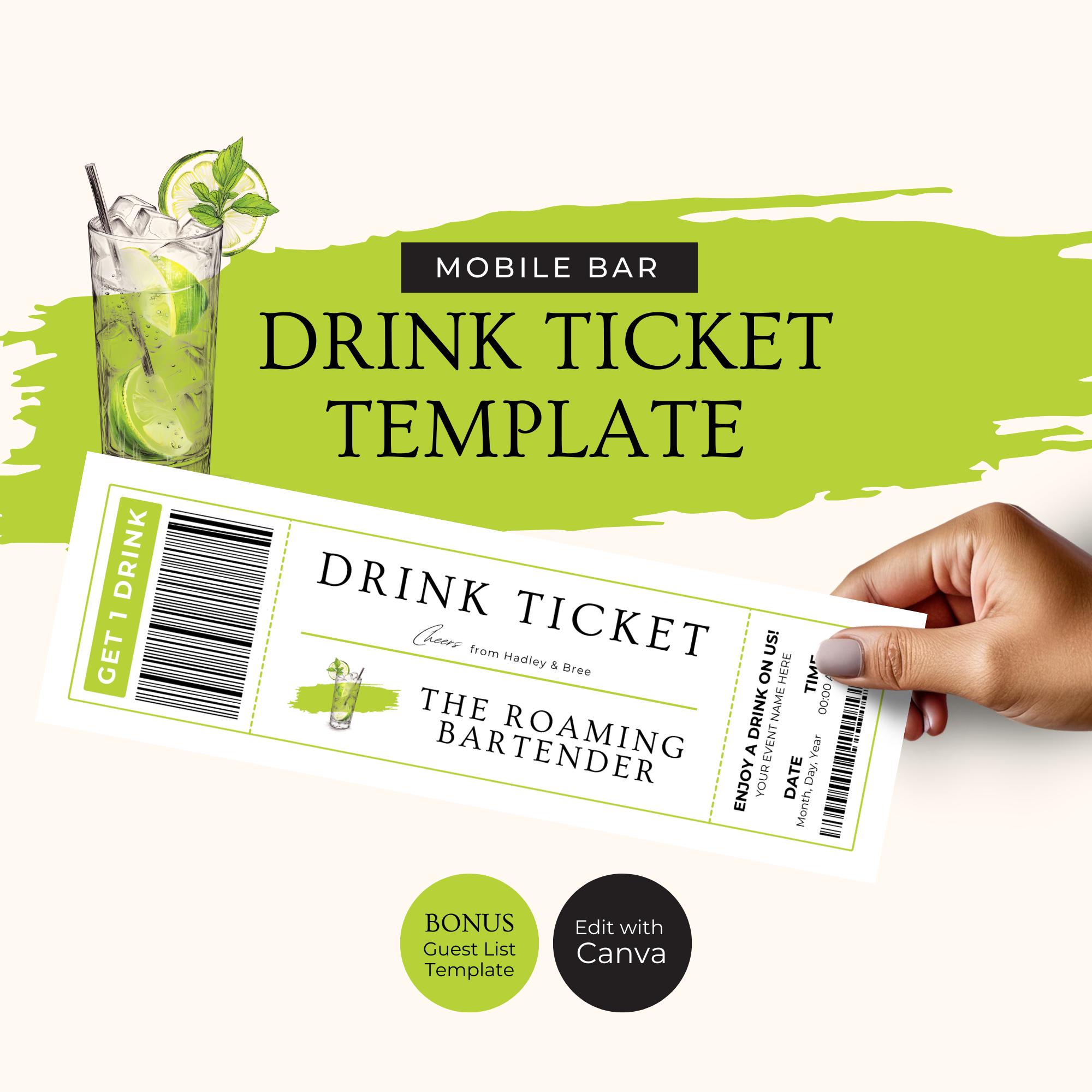 Mobile Bar Drink Ticket Canva Template, Wedding Drinks Token Voucher ...
