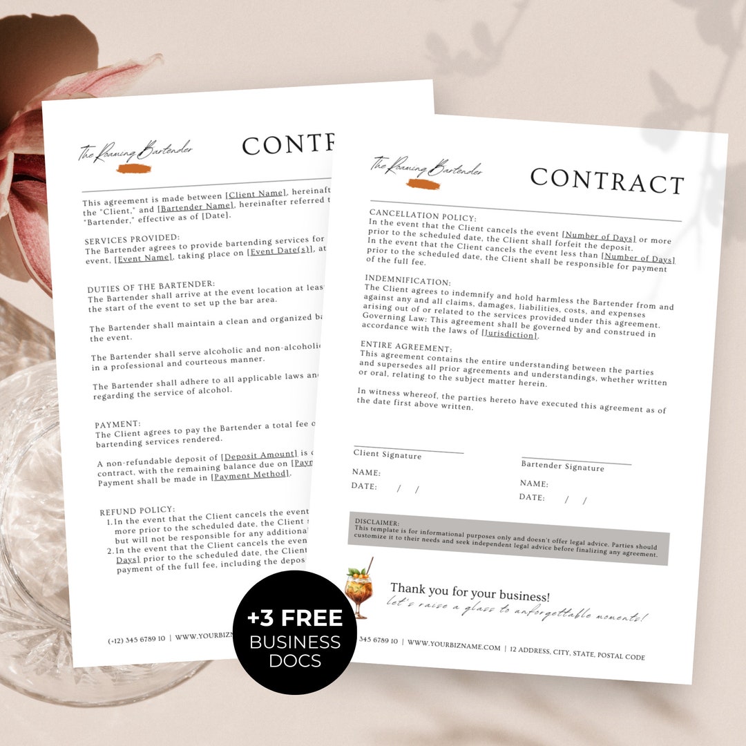 Mobile Bar Business Contract, Bartending Contract Canva Template ...
