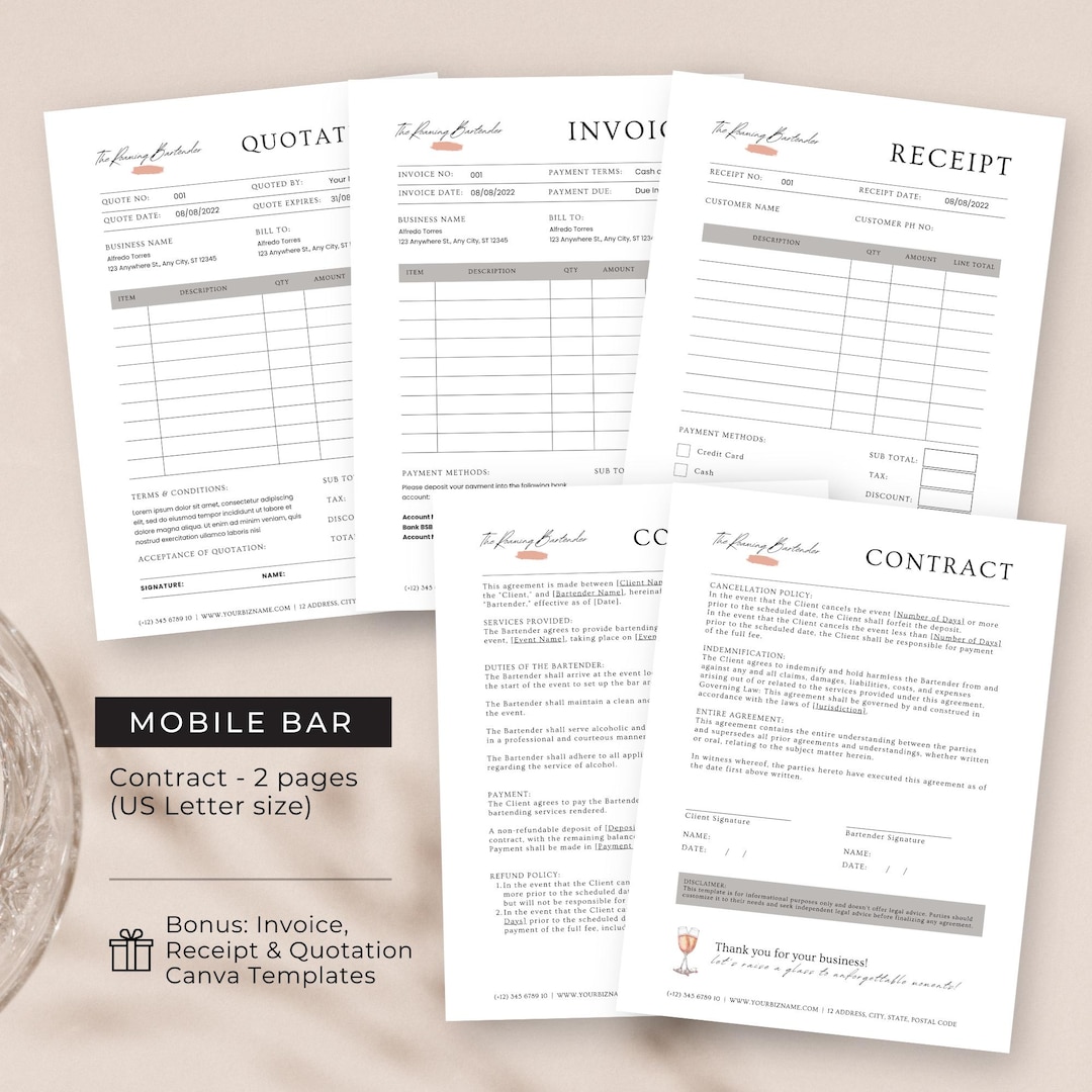 Mobile Bartending Contract Template, Editable in Canva, Freelance ...