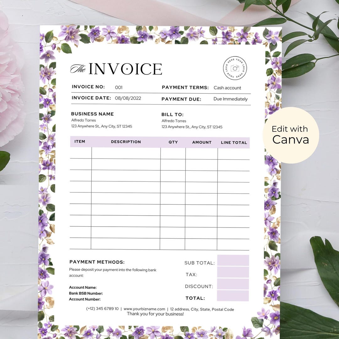 Wedding Florist Invoice Canva Template, Boutique Flower Shop Quotation ...