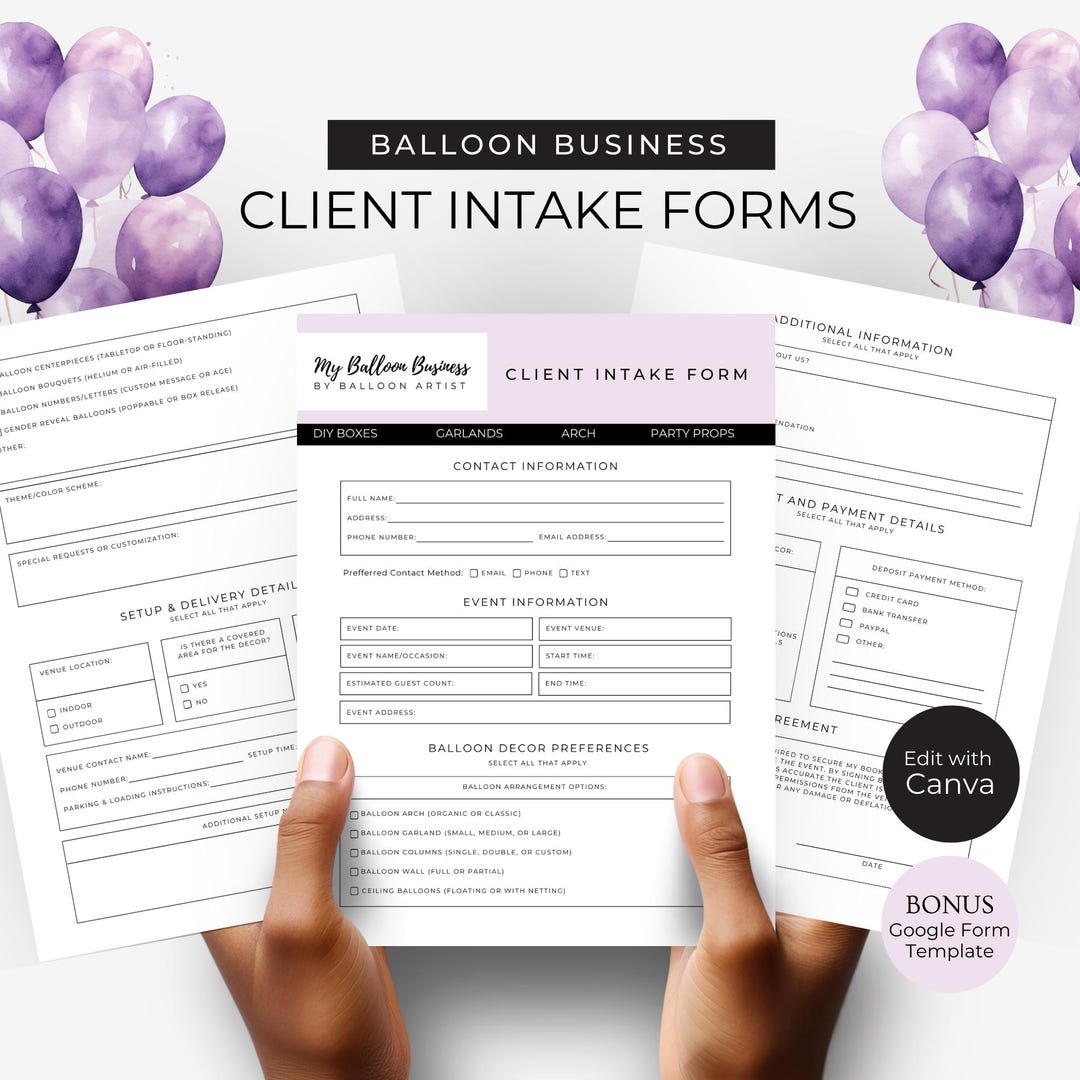 Balloon Business Client Intake Form, Event Information Canva Template ...