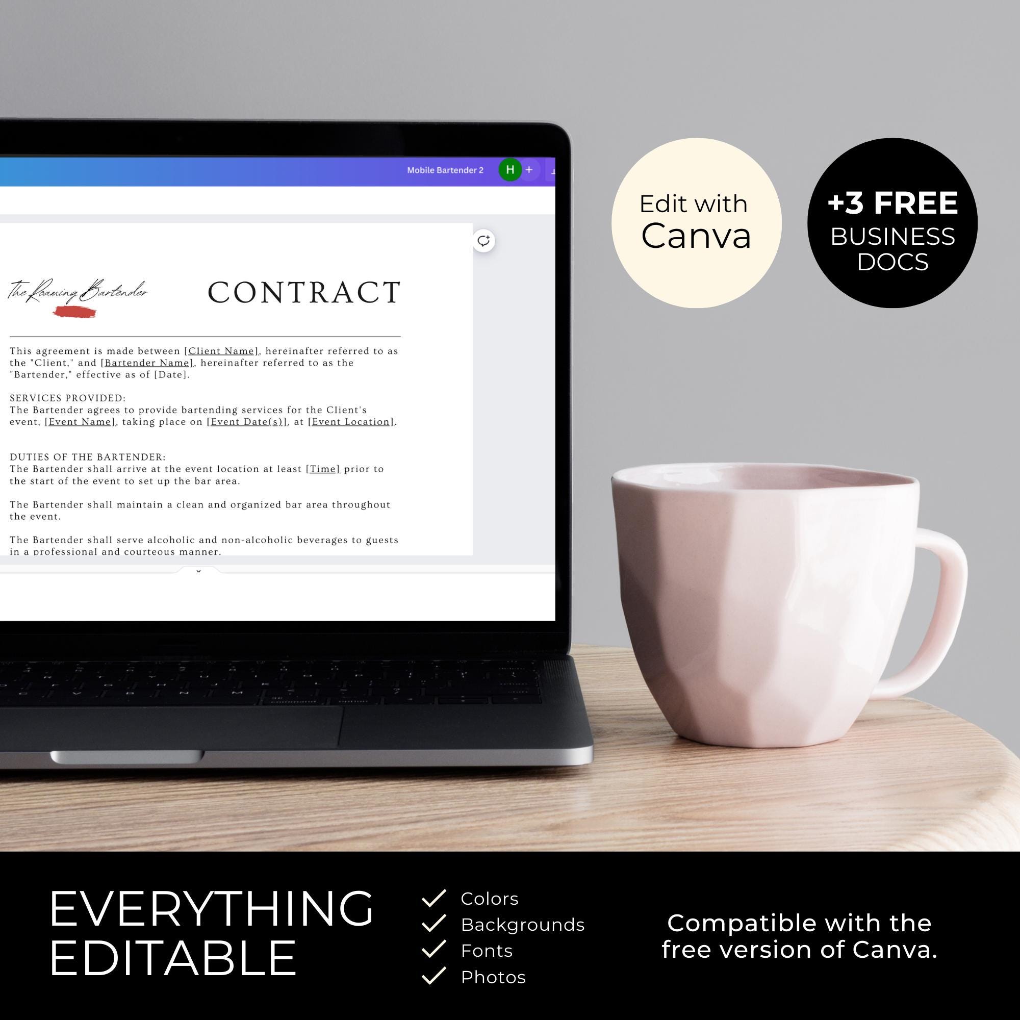 Mobile Bar Business Contract Template, Editable in Canva, Freelance ...