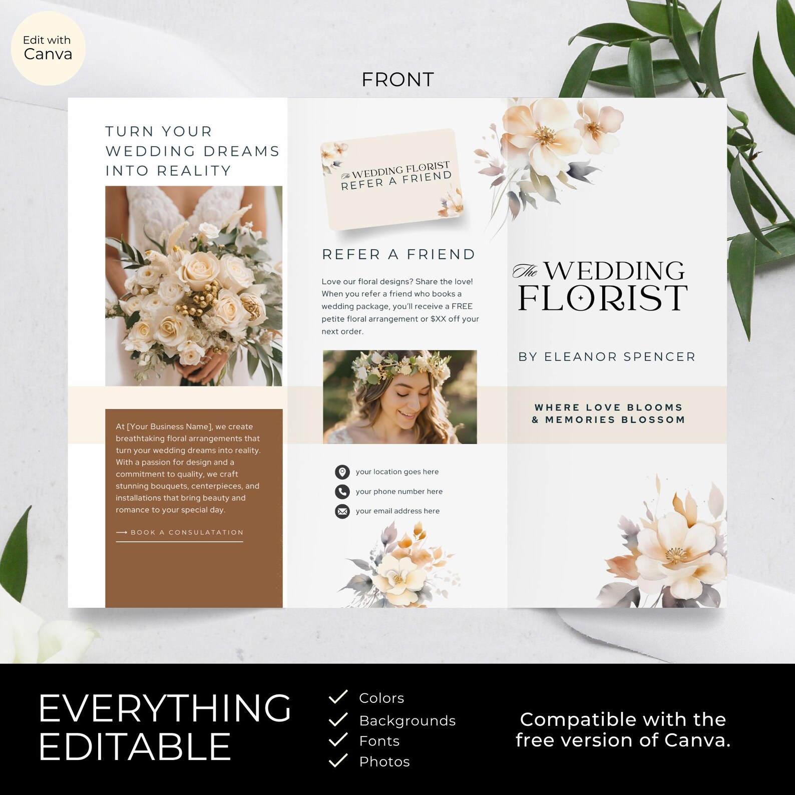 Wedding Florist Leaflet Canva Template, Boutique Flower Shop Trifold ...