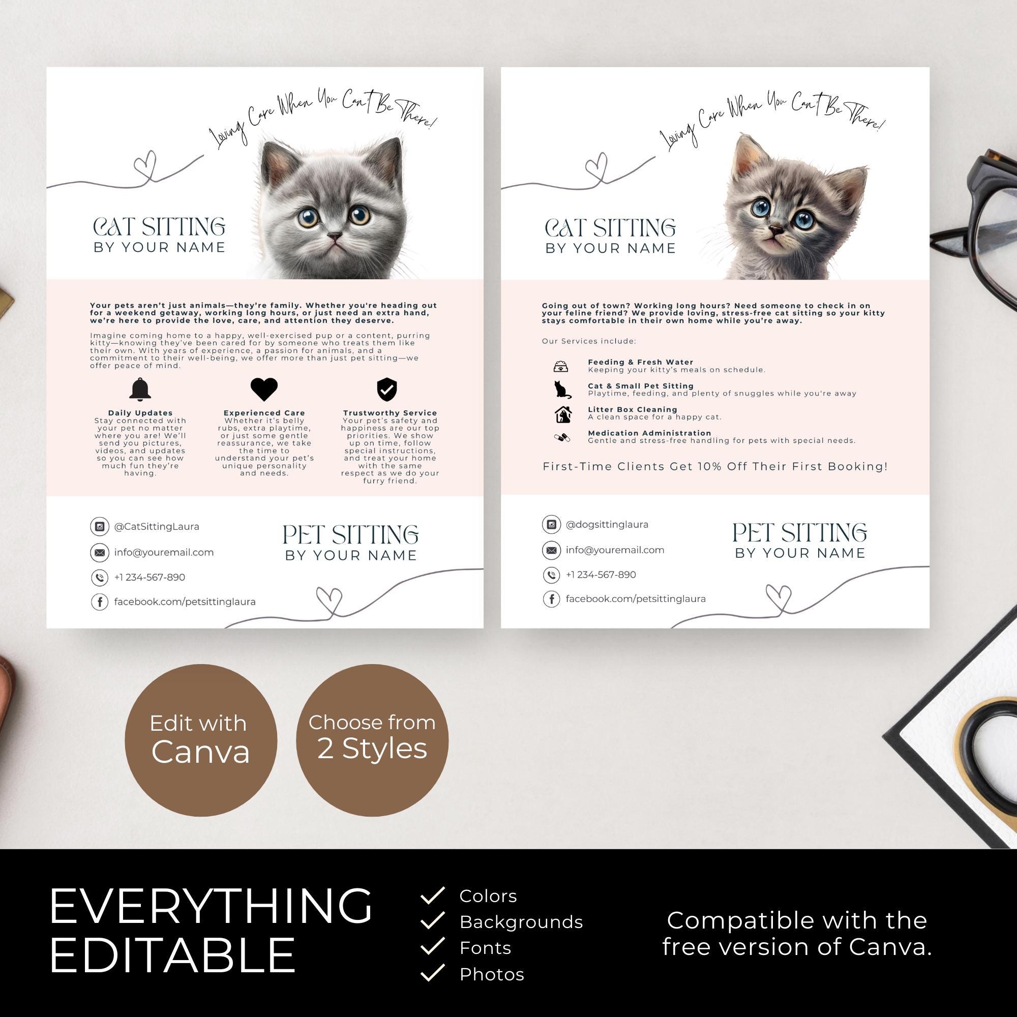 Cat Sitter Flyer Canva Template With Heart, Cats Sitting Sheet, Kitty ...