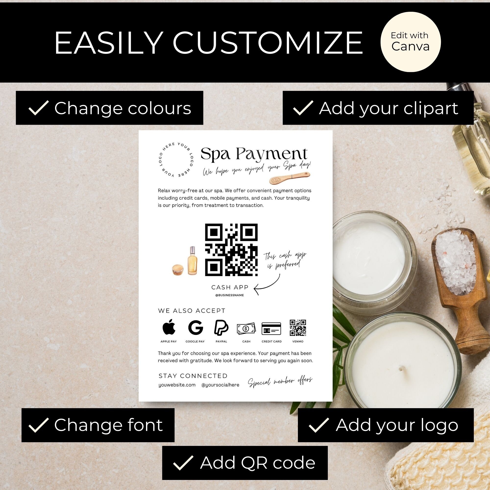 Spa Scan to Pay Template, QR Code Sign Template, Small Business ...