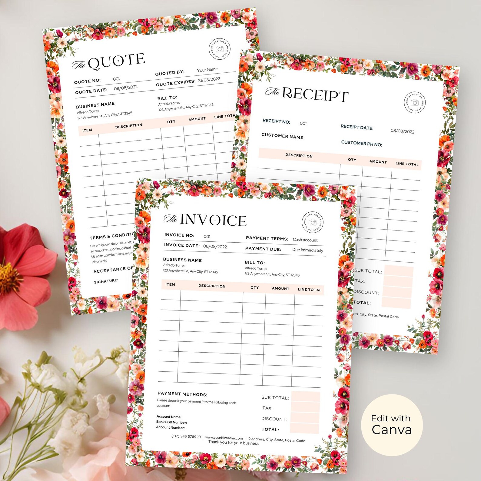 Wedding Florist Invoice Canva Template, Boutique Flower Shop Quotation ...