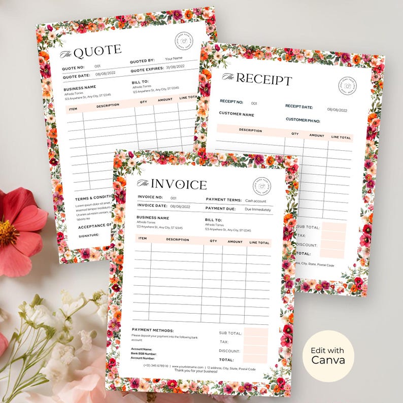 Wedding Florist Invoice Canva Template, Boutique Flower Shop Quotation ...
