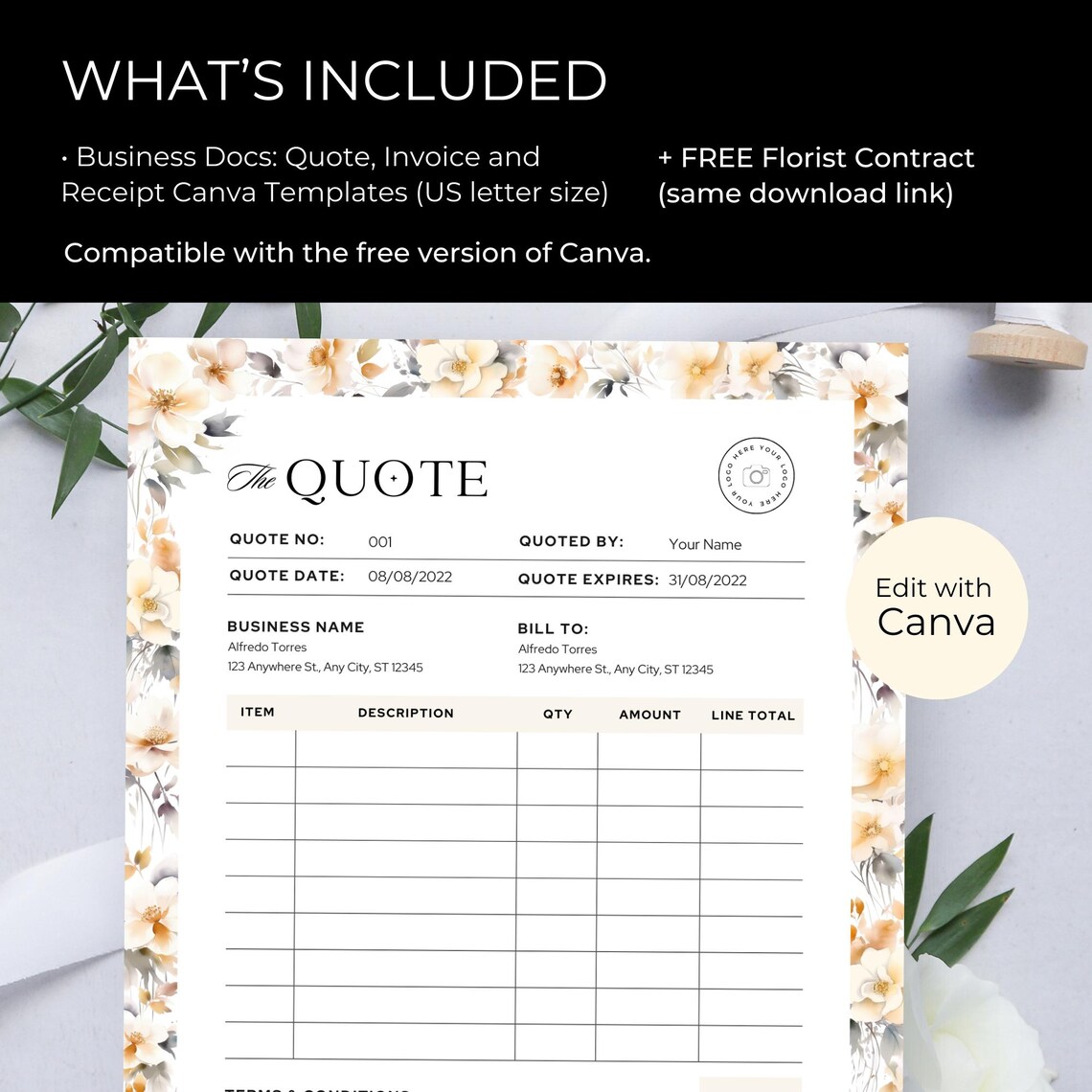 Wedding Florist Invoice Canva Template, Boutique Flower Shop Quotation ...