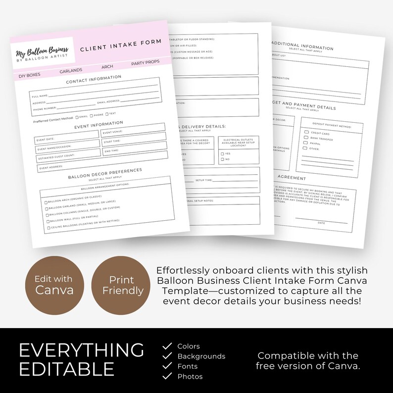 Balloon Business Client Intake Form, Event Information Canva Template ...