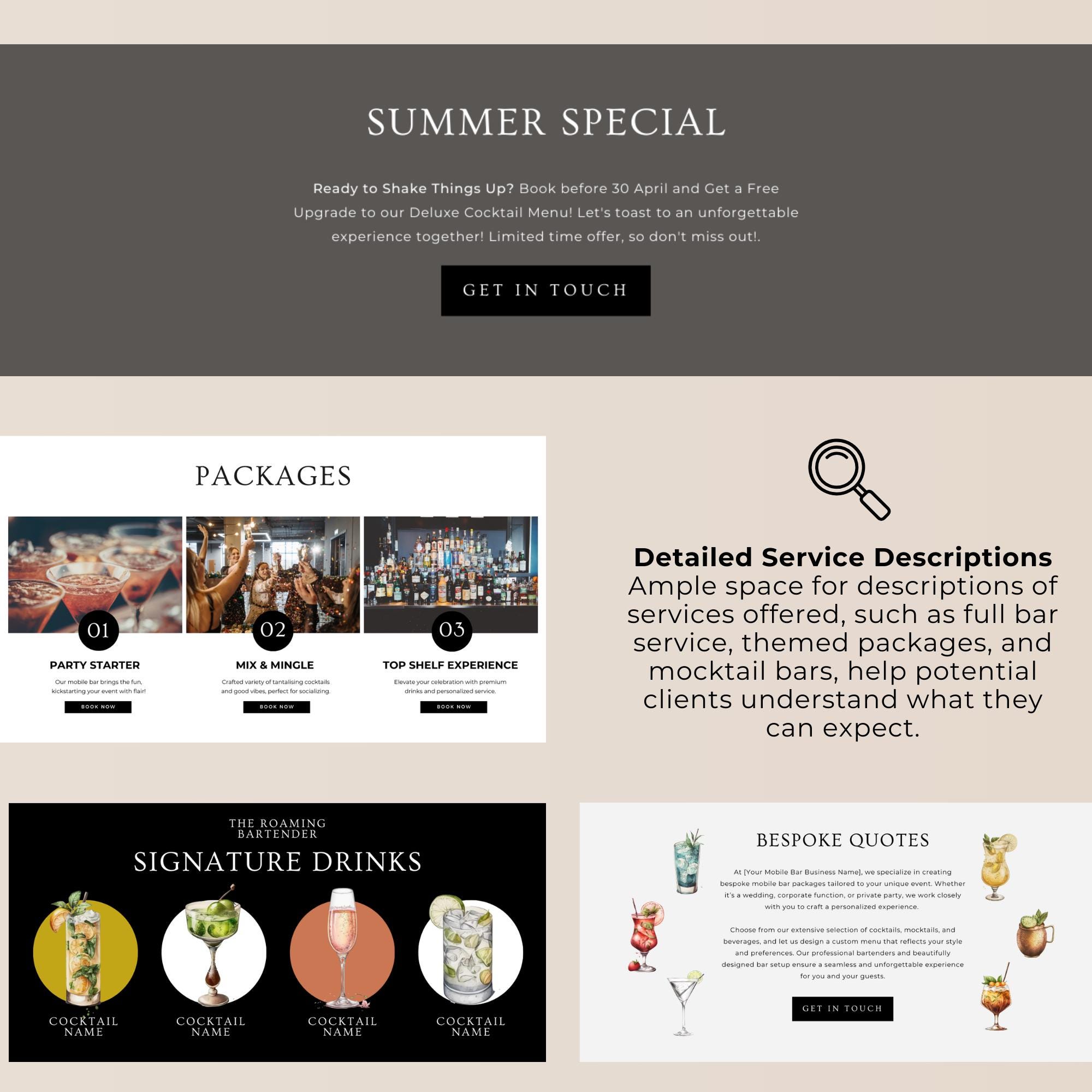 Mobile Bar Canva Website, Mobile Bartending Landing Page, DIY Sales ...