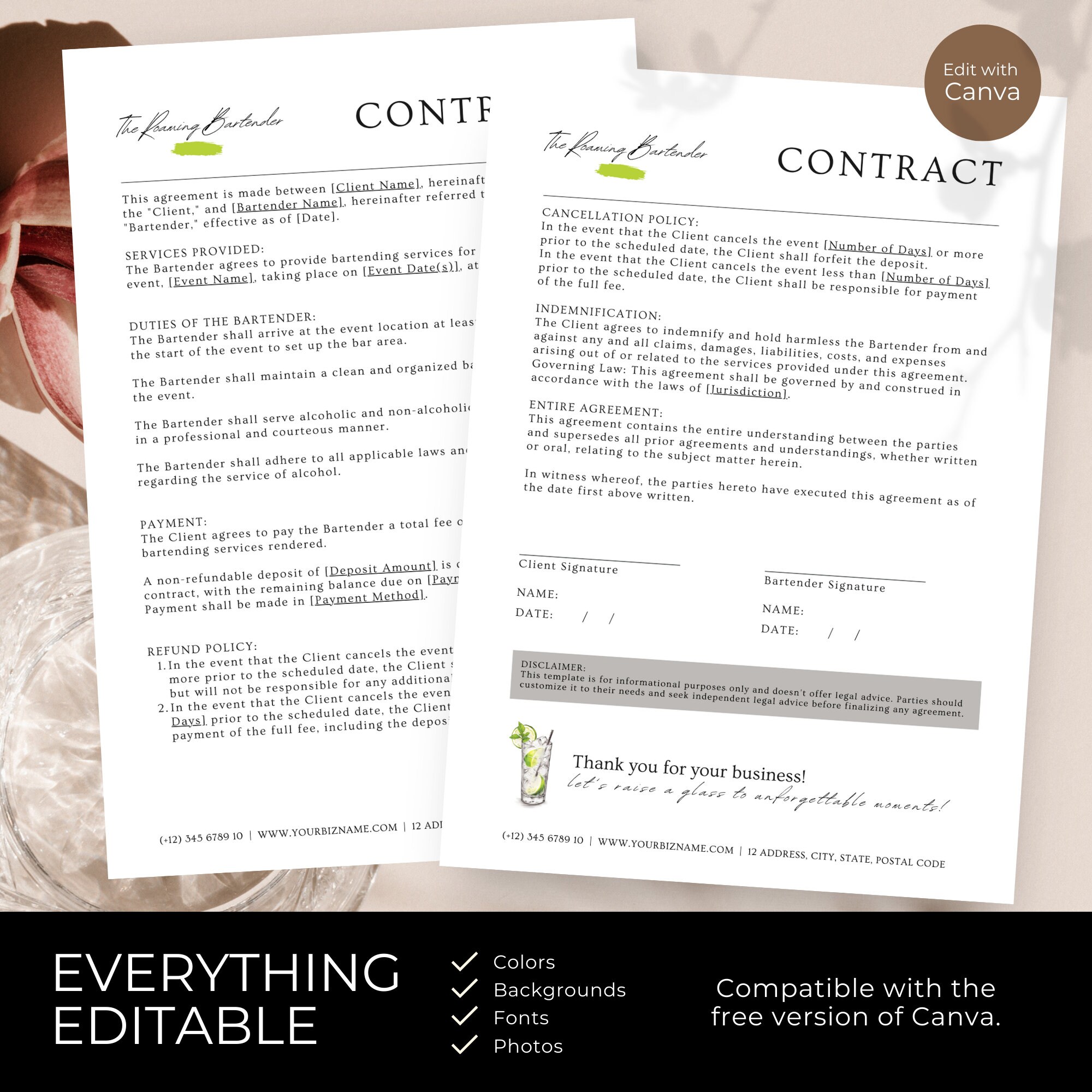 Bartending Contract, Editable in Canva, Mobile Bar Business Agreement Form A4, Contract for ...