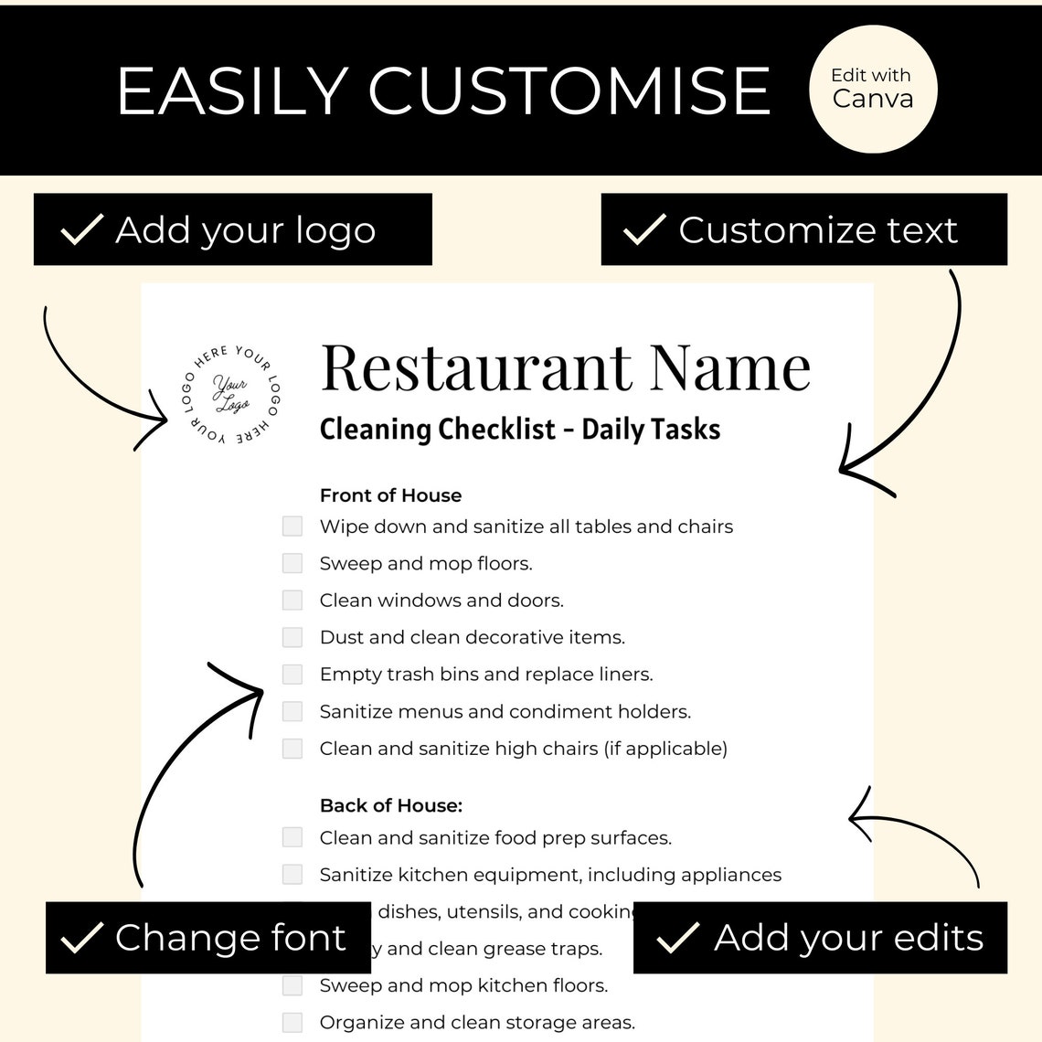 Restaurant Cleaning Checklist A4, Daily Tasks, Canva Template, Kitchen ...