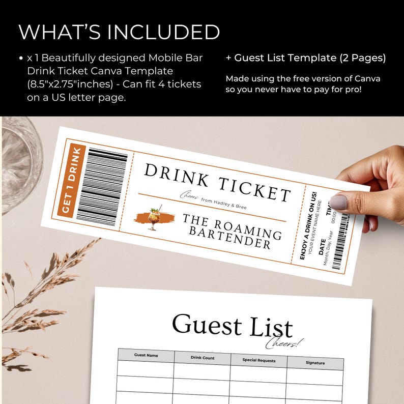 Mobile Bar Drink Ticket Canva Template, Wedding Drinks Token Voucher ...
