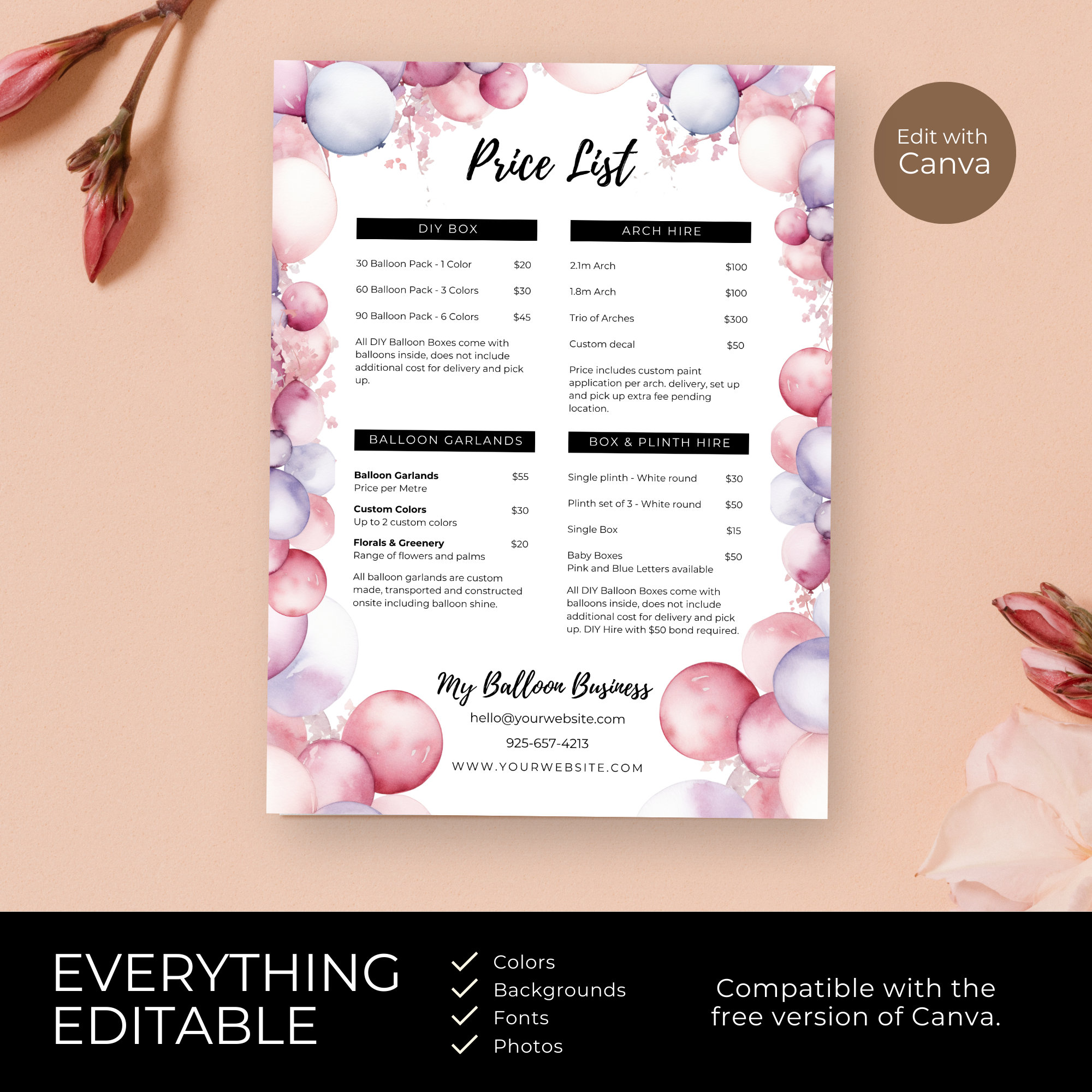 Balloon Business Pricing List A4, Balloon Menu, Balloon Garland Price ...